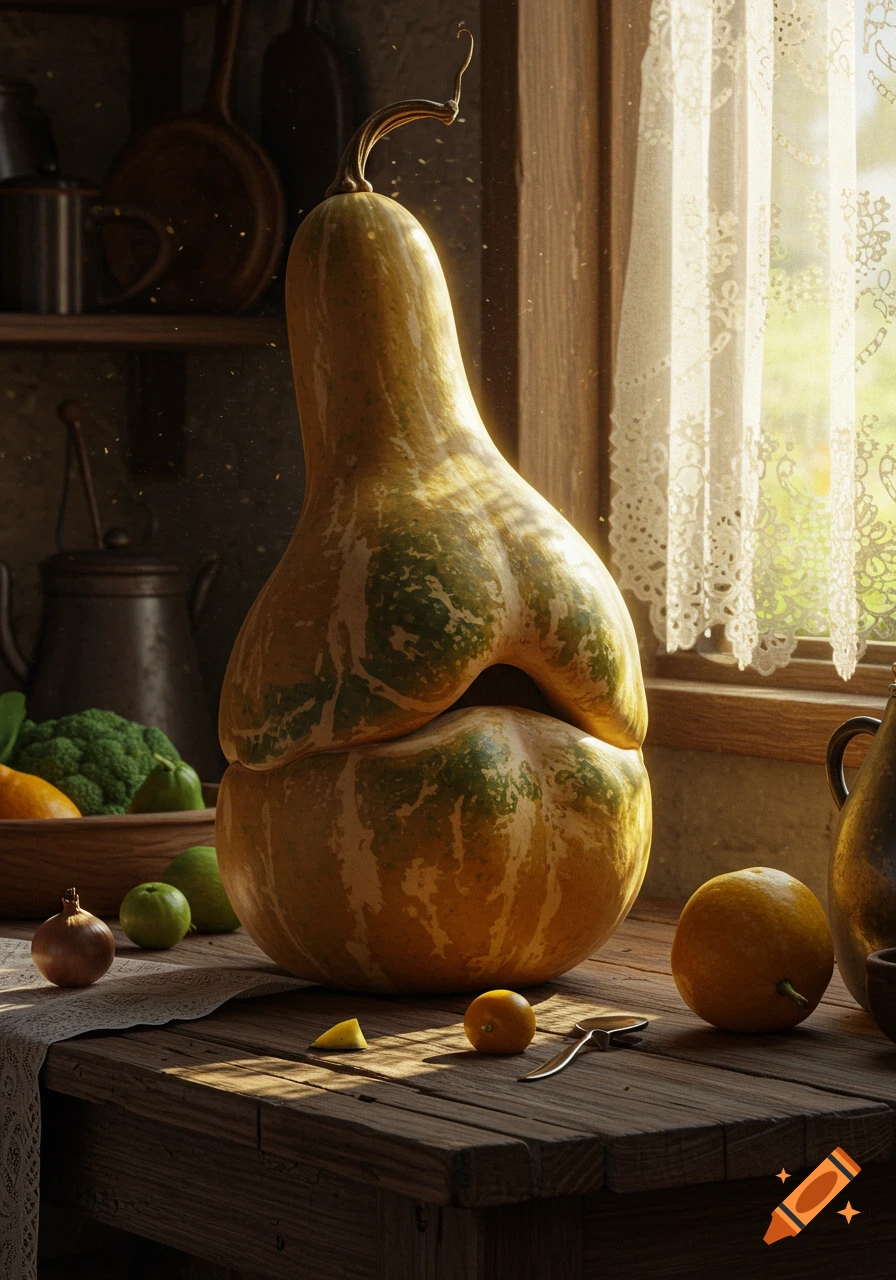 A large, unusually shaped gourd stands on a sunlit rustic wooden ...