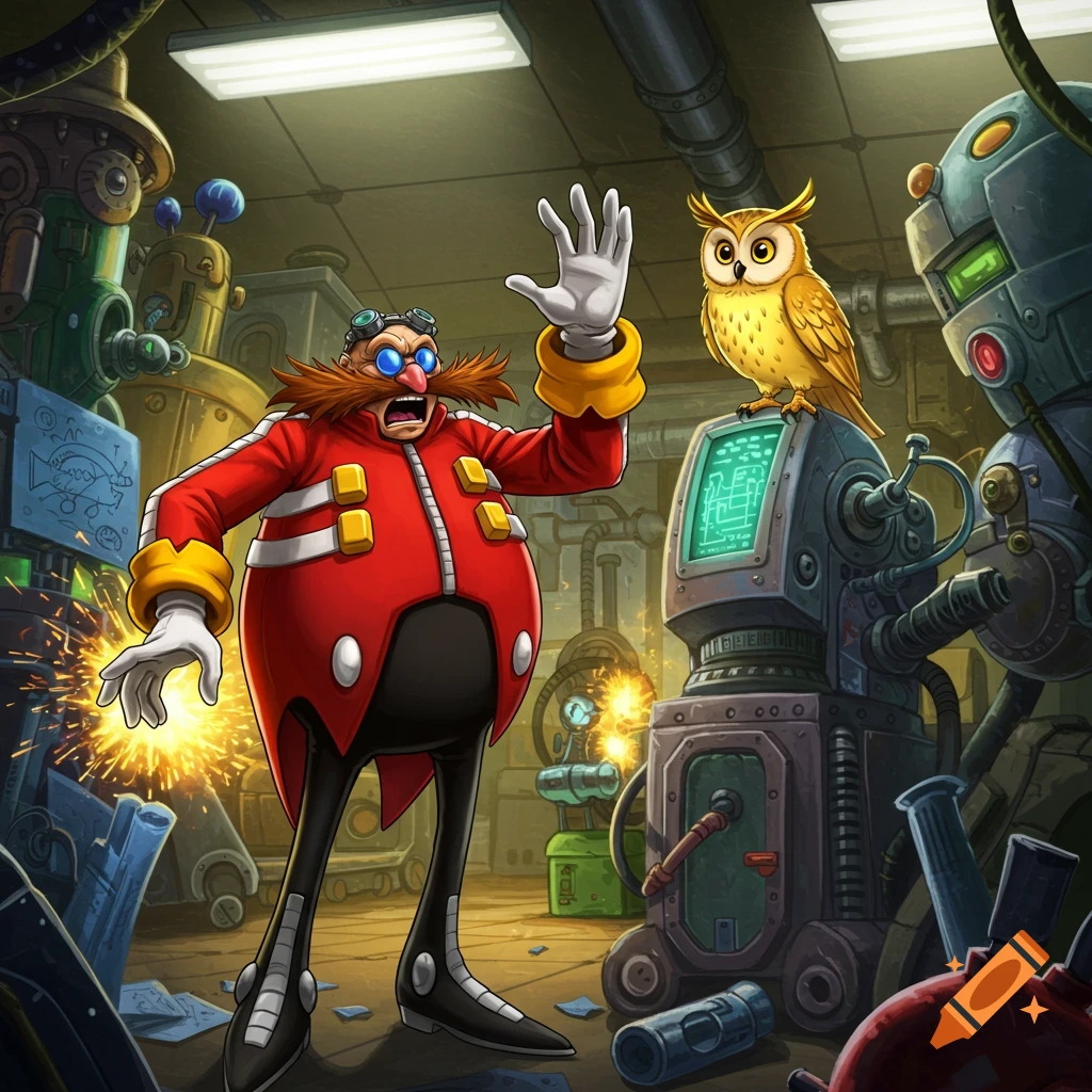 Cartoon Dr. Eggman looks startled, raising a hand while sparks fly from ...