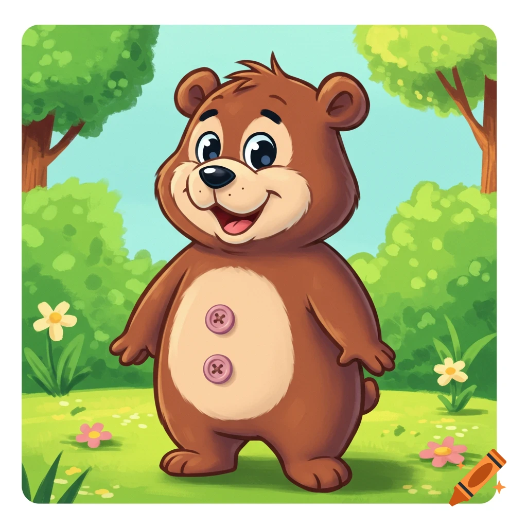 A cheerful brown cartoon bear with pink buttons on its belly stands in ...