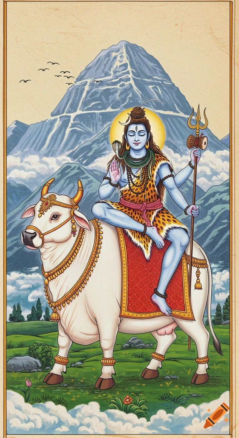 Blue-skinned Lord Shiva, adorned in tiger skin, rides his sacred white ...