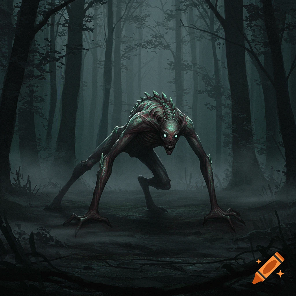 A terrifying, pale-skinned creature with glowing white eyes and sharp ...