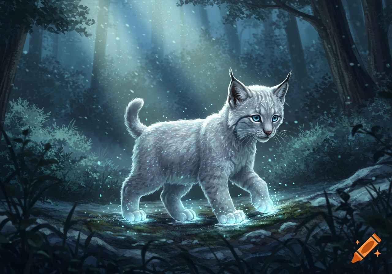 A white fantasy lynx with glowing paws and blue eyes walks through a ...