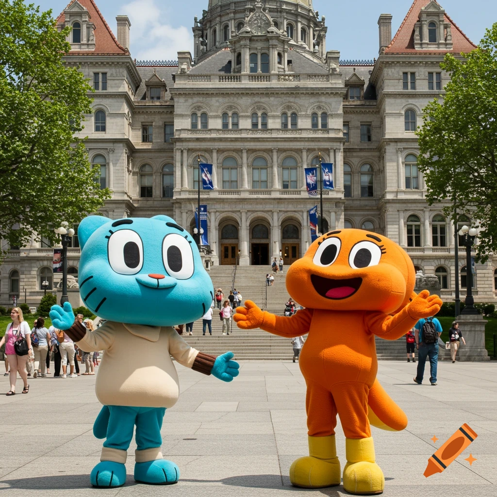 Gumball and Darwin Watterson mascot characters stand posing in front of ...