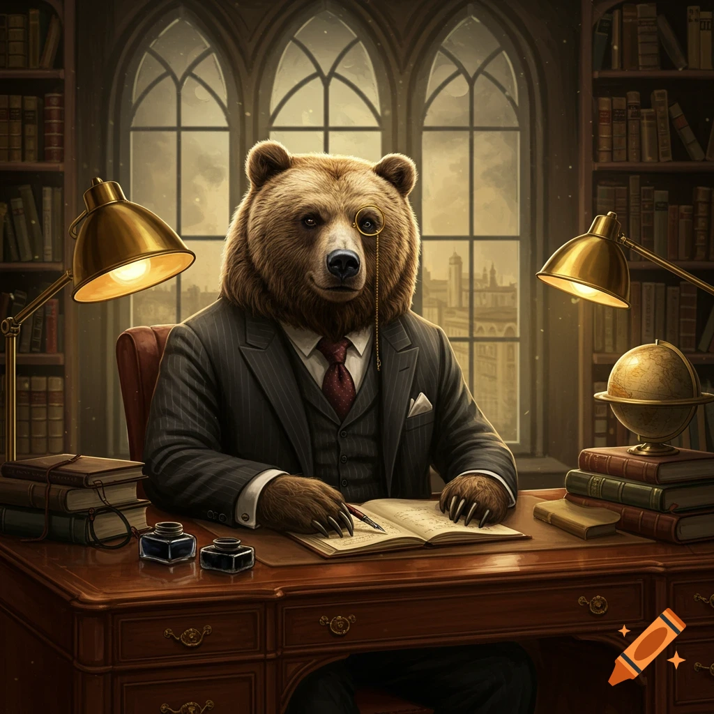 A photorealistic bear wearing a pinstripe suit and monocle sits at a ...
