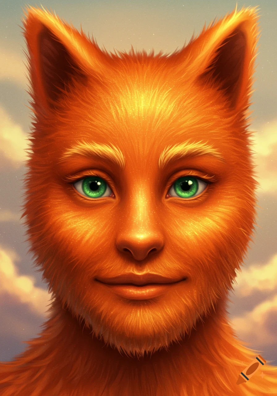 A close-up digital painting of a human-like creature with bright orange ...
