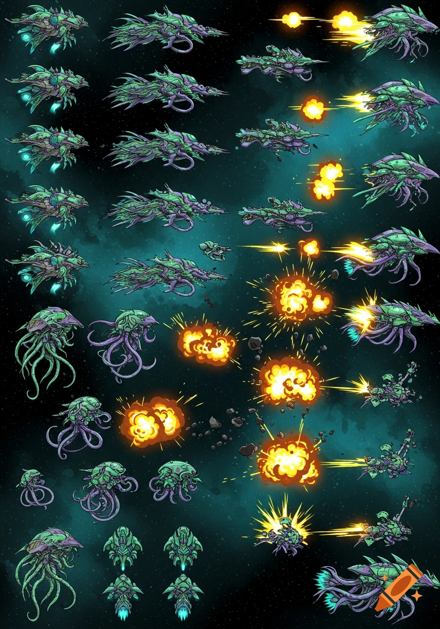 A 2D game sprite sheet featuring numerous green and purple tentacled ...