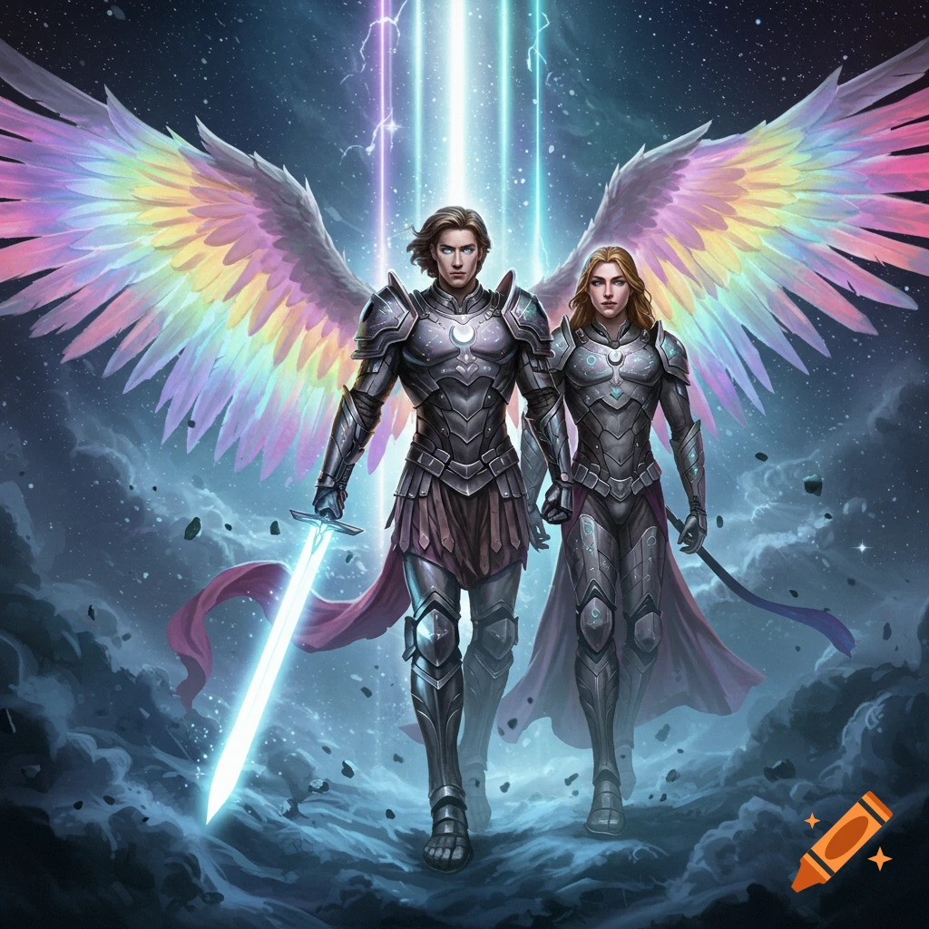 Two archangels in futuristic armor with glowing rainbow wings stand in ...