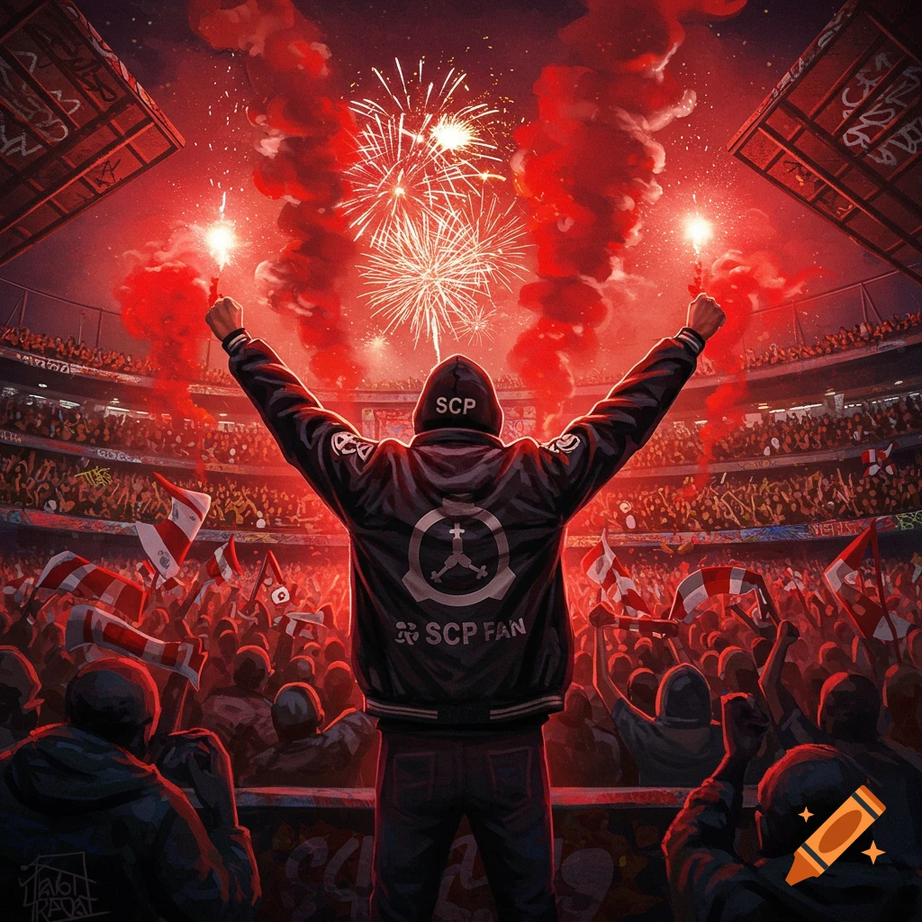 A hooded SCP fan stands with arms raised in a stadium, surrounded by a ...