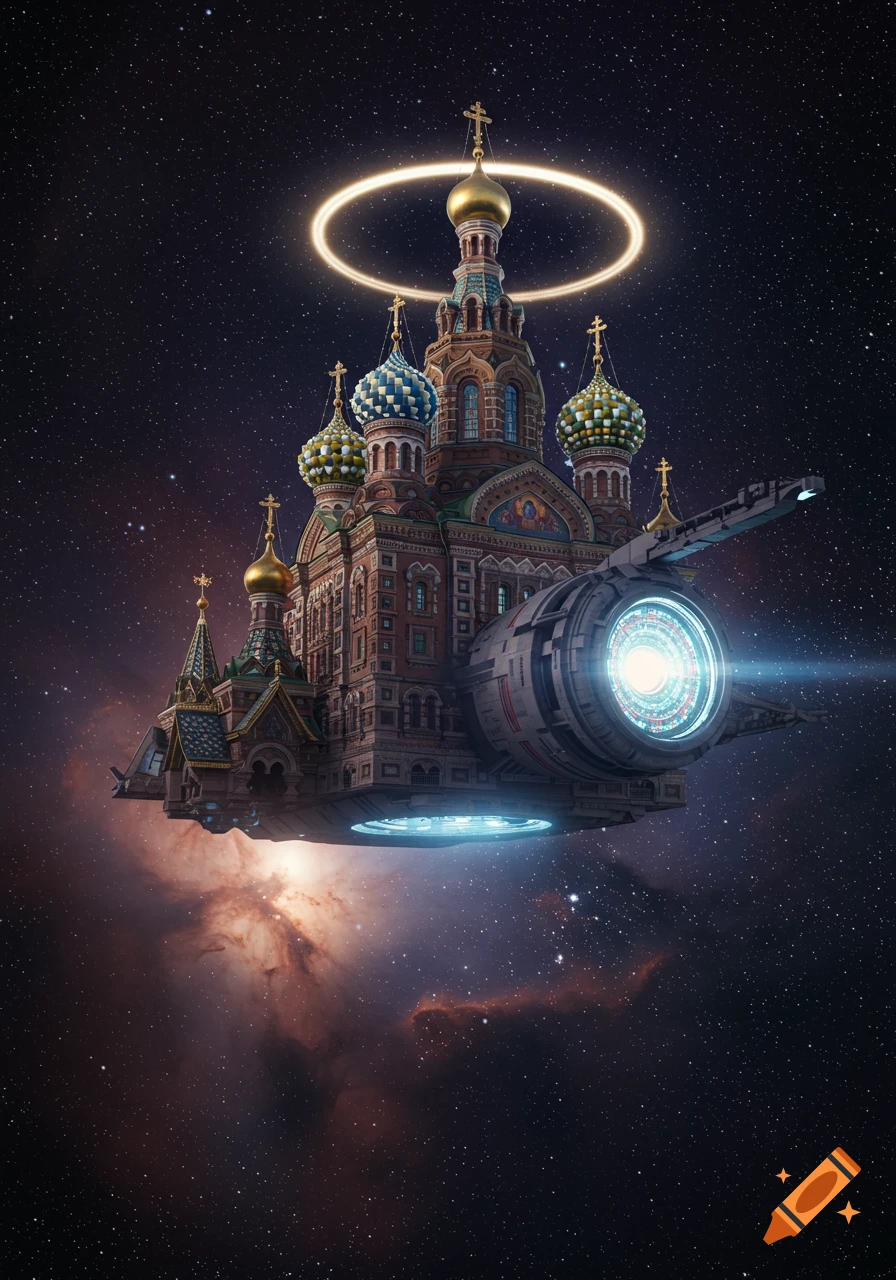An Orthodox Church spaceship with golden domes and a glowing engine ...