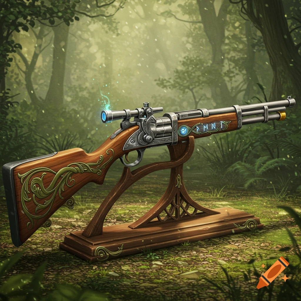 An elaborately decorated fantasy rifle with a scope and glowing blue ...