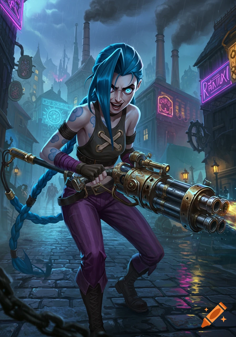 Jinx from Arcane, with blue braids, aggressively fires a minigun on a ...