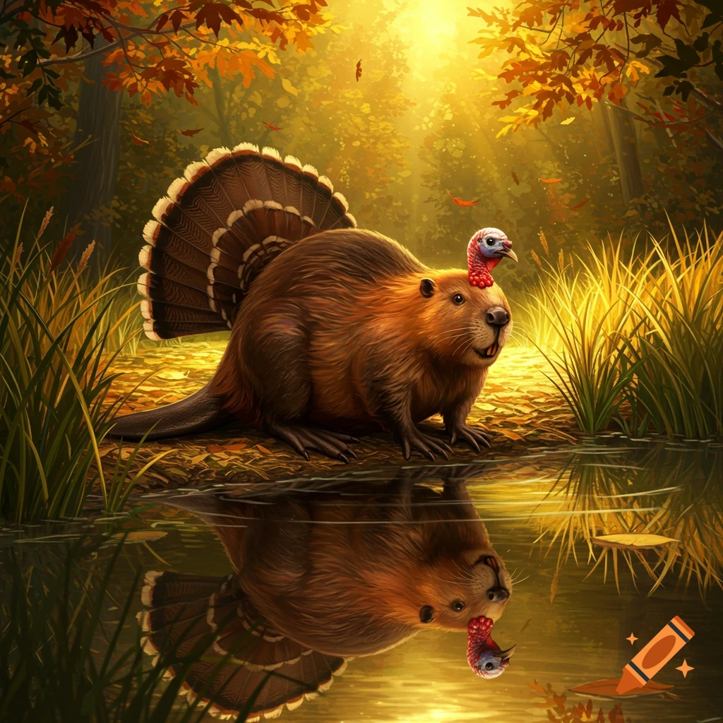 A whimsical half beaver, half turkey creature by a sunlit pond in an ...