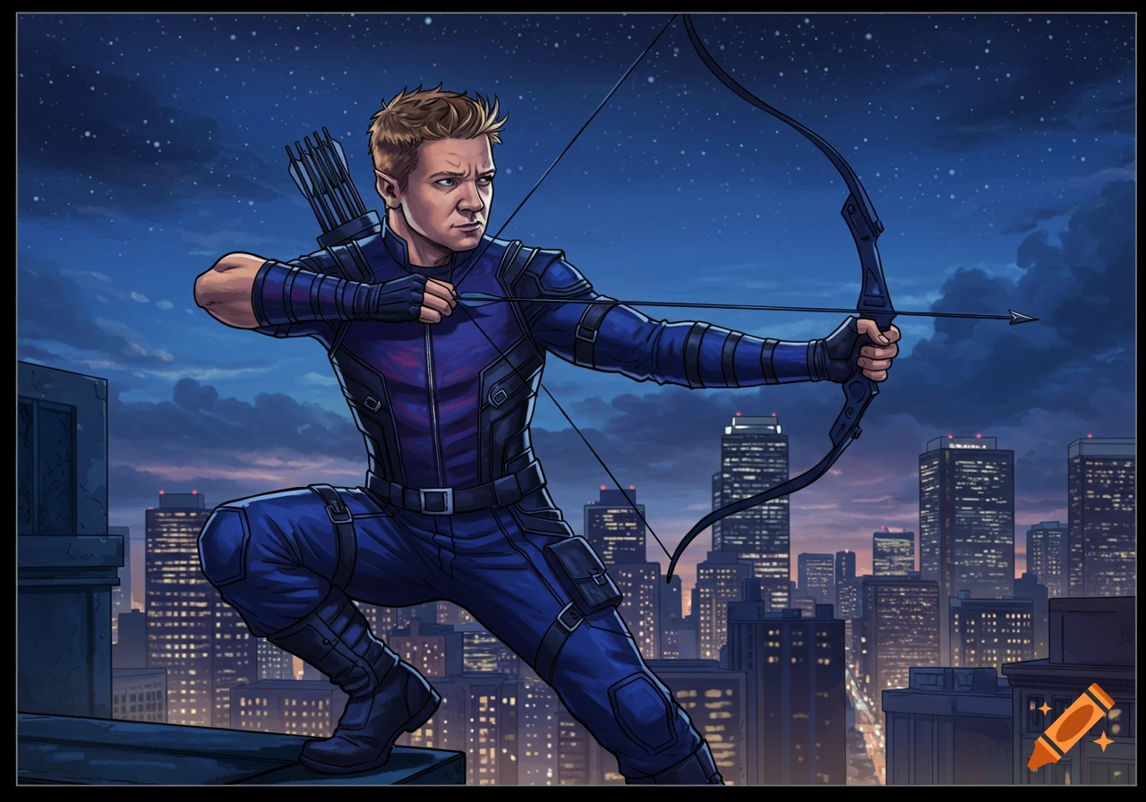 Illustration of Hawkeye in a blue suit, crouching on a rooftop with a ...
