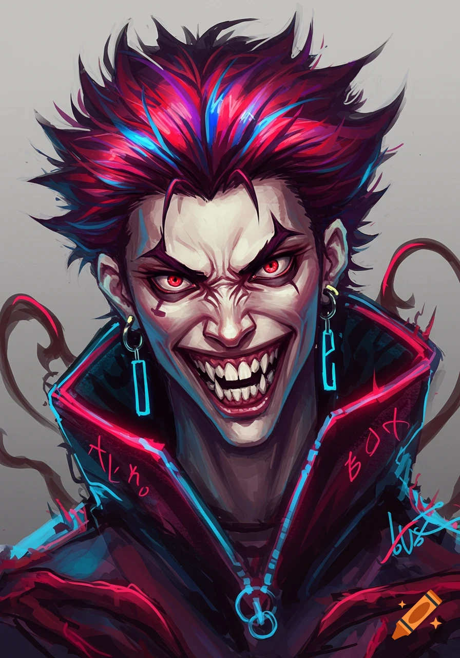 A stylized anime character with spiky red and blue hair, glowing red ...