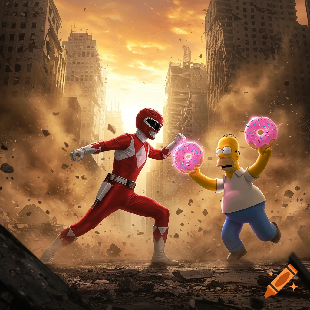 Red Power Ranger lunges at Homer Simpson, who holds two glowing pink ...