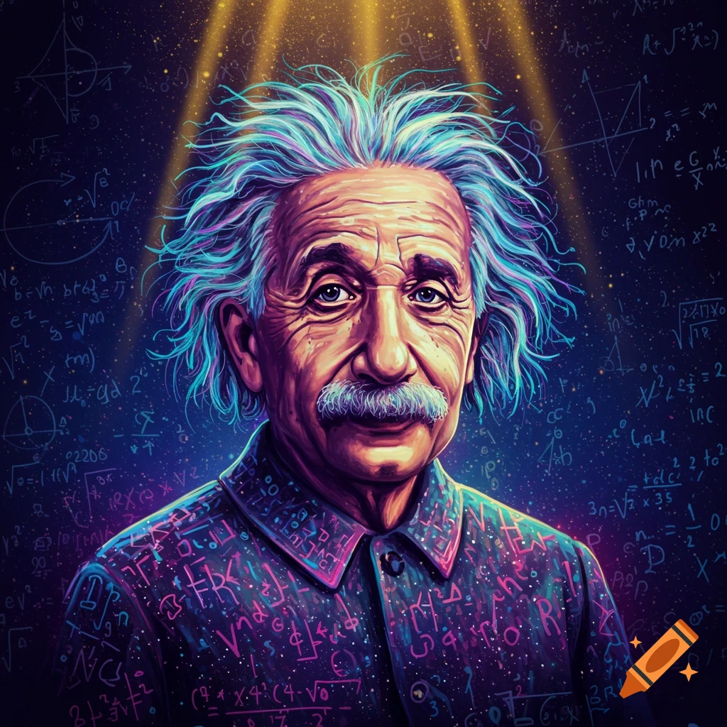A colorful, vibrant illustration of Albert Einstein with stylized blue ...