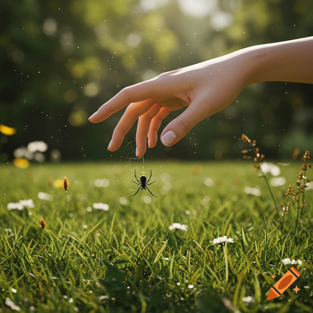 A woman's hand reaches towards a small spider dangling from a web in a ...