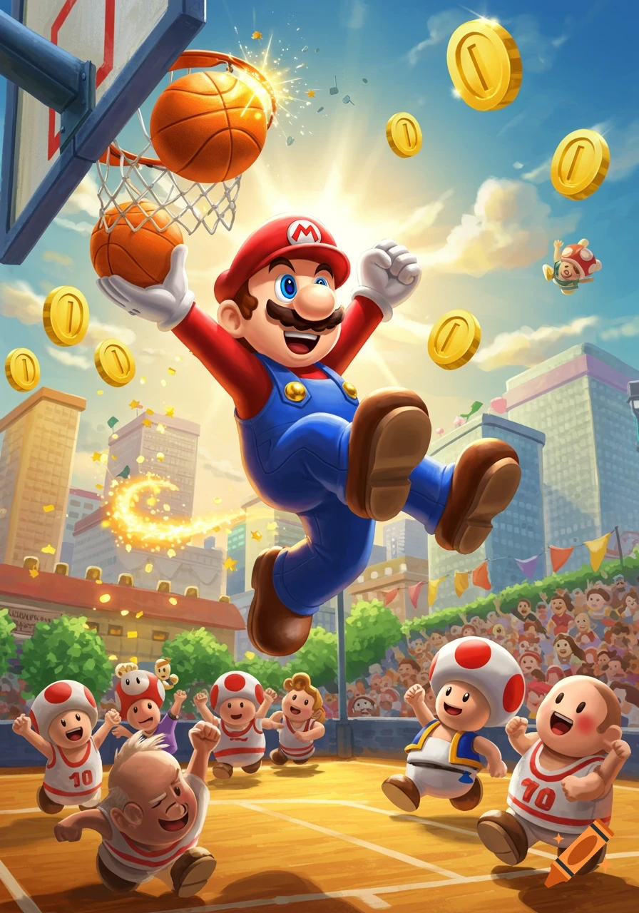 Super Mario dunks a basketball as Toads cheer on a vibrant outdoor ...