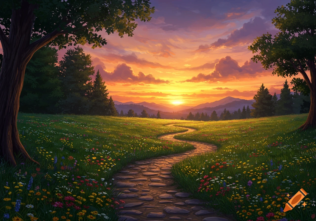 A winding stone path through a wildflower field at sunset, with a ...