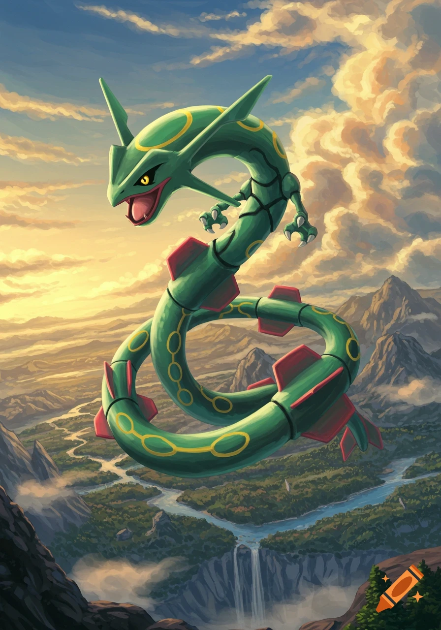 Green serpentine dragon Rayquaza flies through a golden cloudy sky over ...