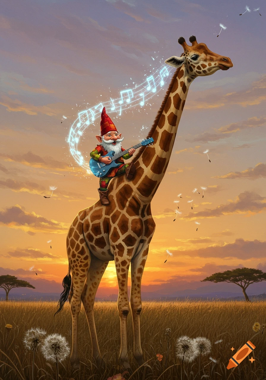 A whimsical gnome rides a giraffe, playing an electric guitar with ...