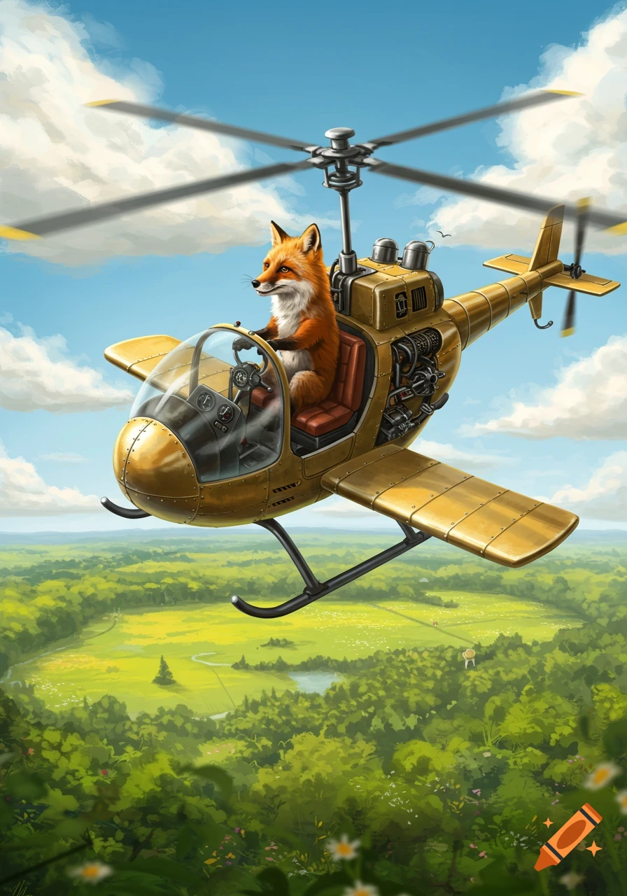 A whimsical digital painting of an anthropomorphic fox flying a golden ...