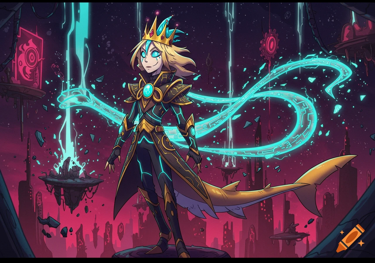 A techno king in black and gold armor with a shark tail and glowing ...