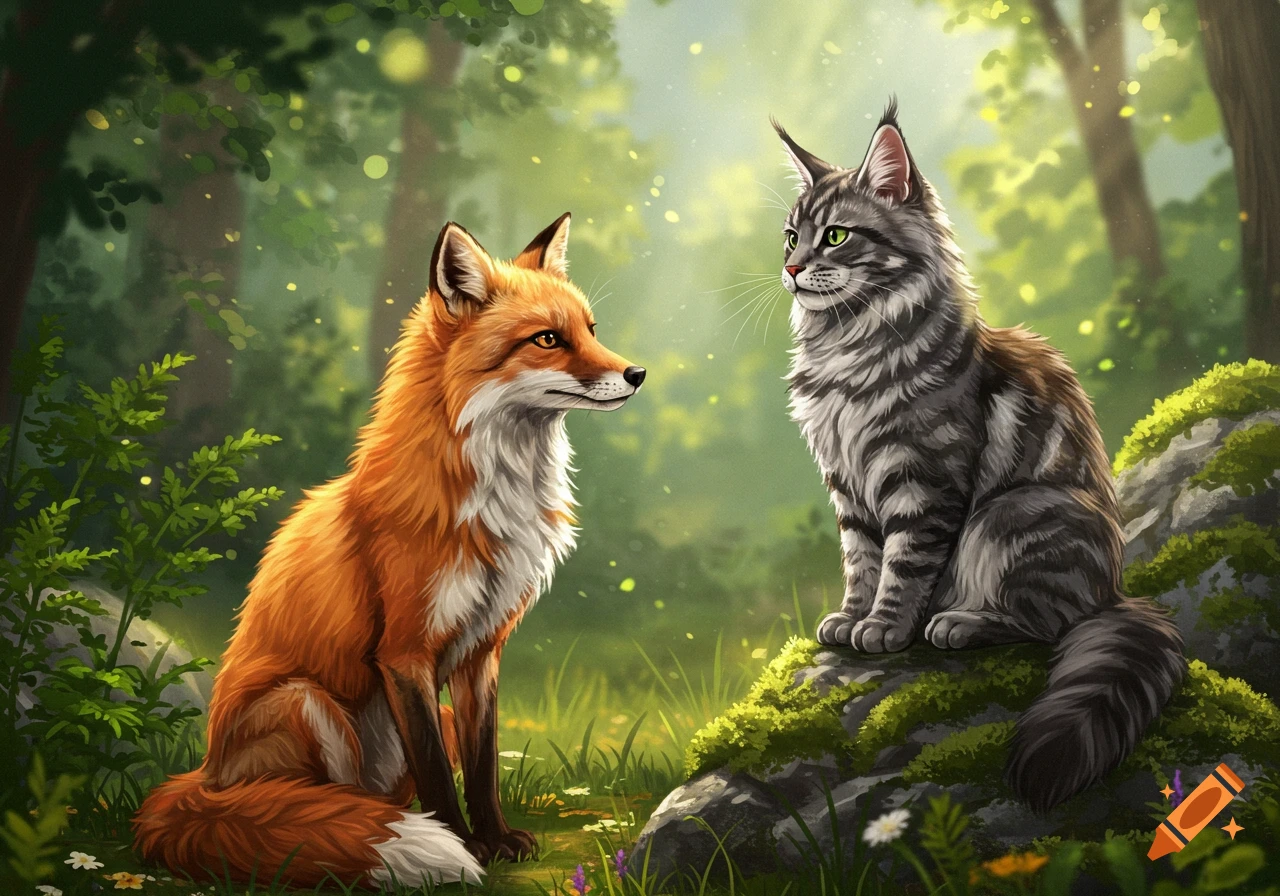 A red fox sits facing a gray Maine Coon cat sitting on a mossy rock in ...