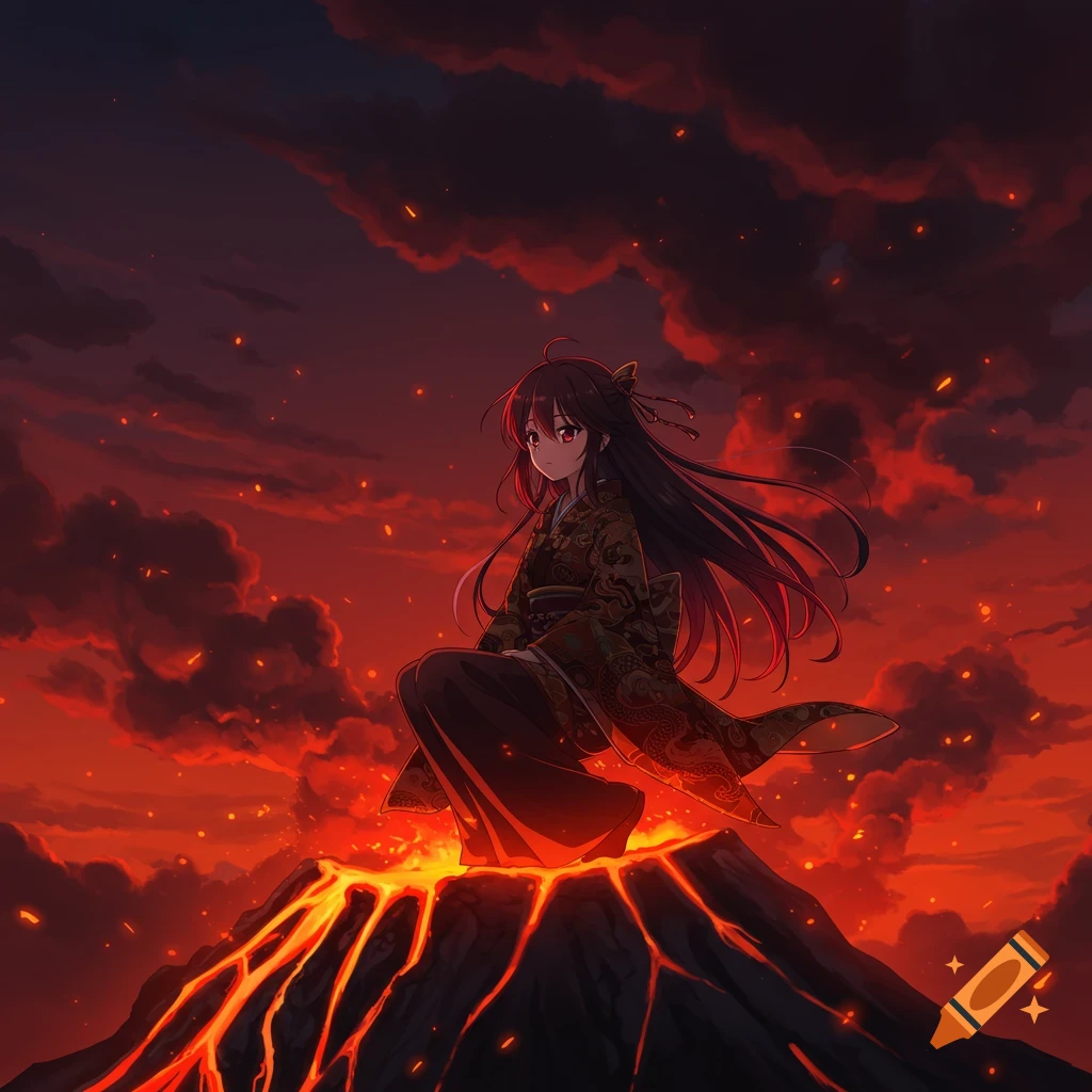 Anime girl in traditional attire sits on a glowing volcano under a ...