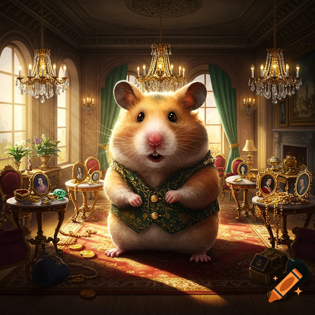 A fluffy golden hamster in a green vest stands in an opulent room with ...