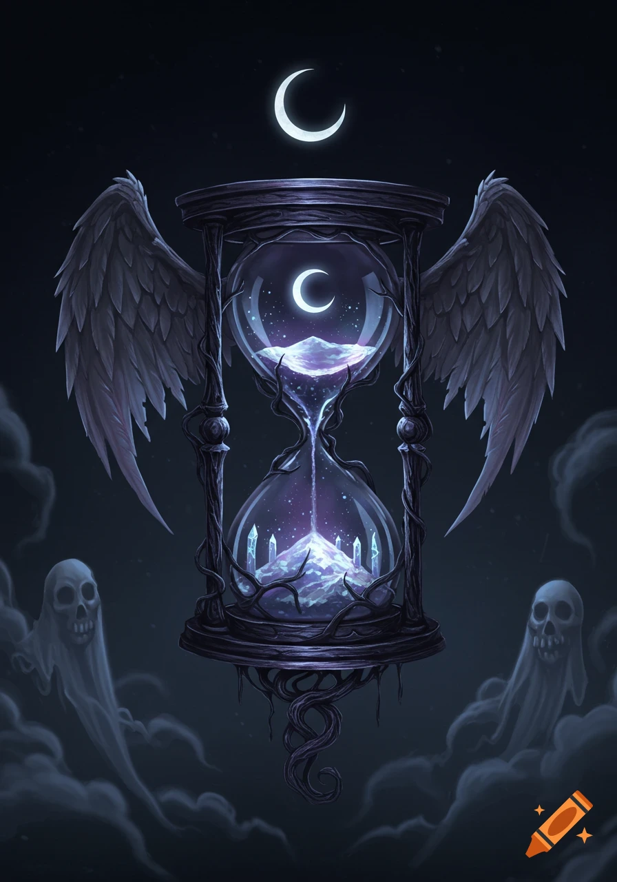 A dark fantasy illustration features a winged hourglass with a crescent ...