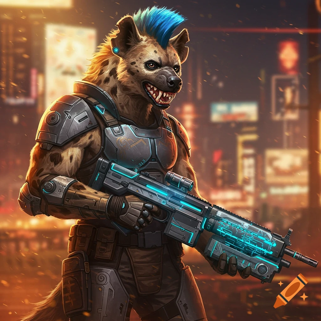 Anthropomorphic hyena with a blue mohawk, wearing sci-fi armor, holding ...