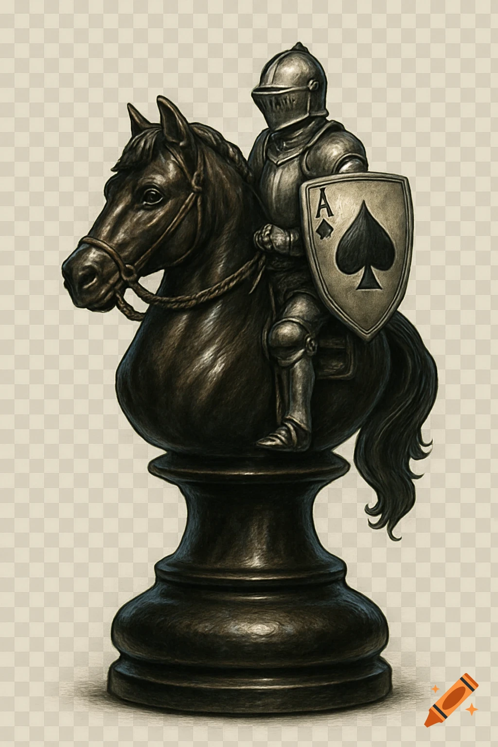 A dark, detailed chess knight piece features an armored knight holding ...