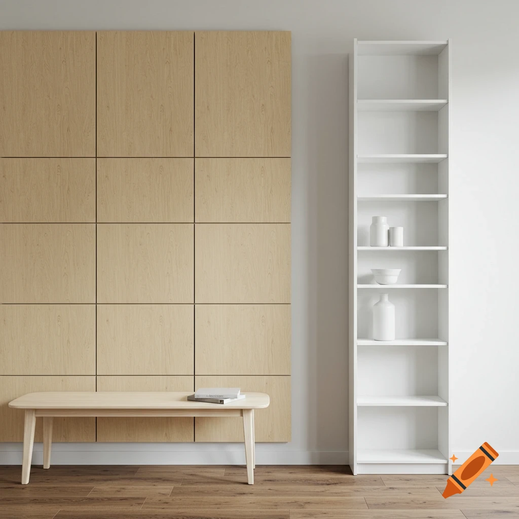 A minimalist interior with light oak acoustic wall panels, a wooden ...