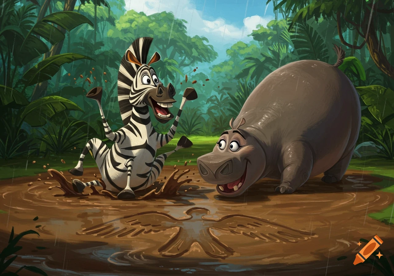 Joyful cartoon zebra and hippo play in a mud puddle, splashing and ...