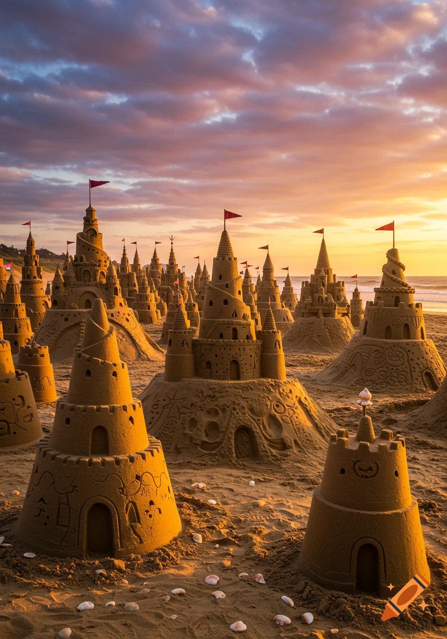 Many intricate sandcastles stand on a sandy beach at sunset, bathed in ...