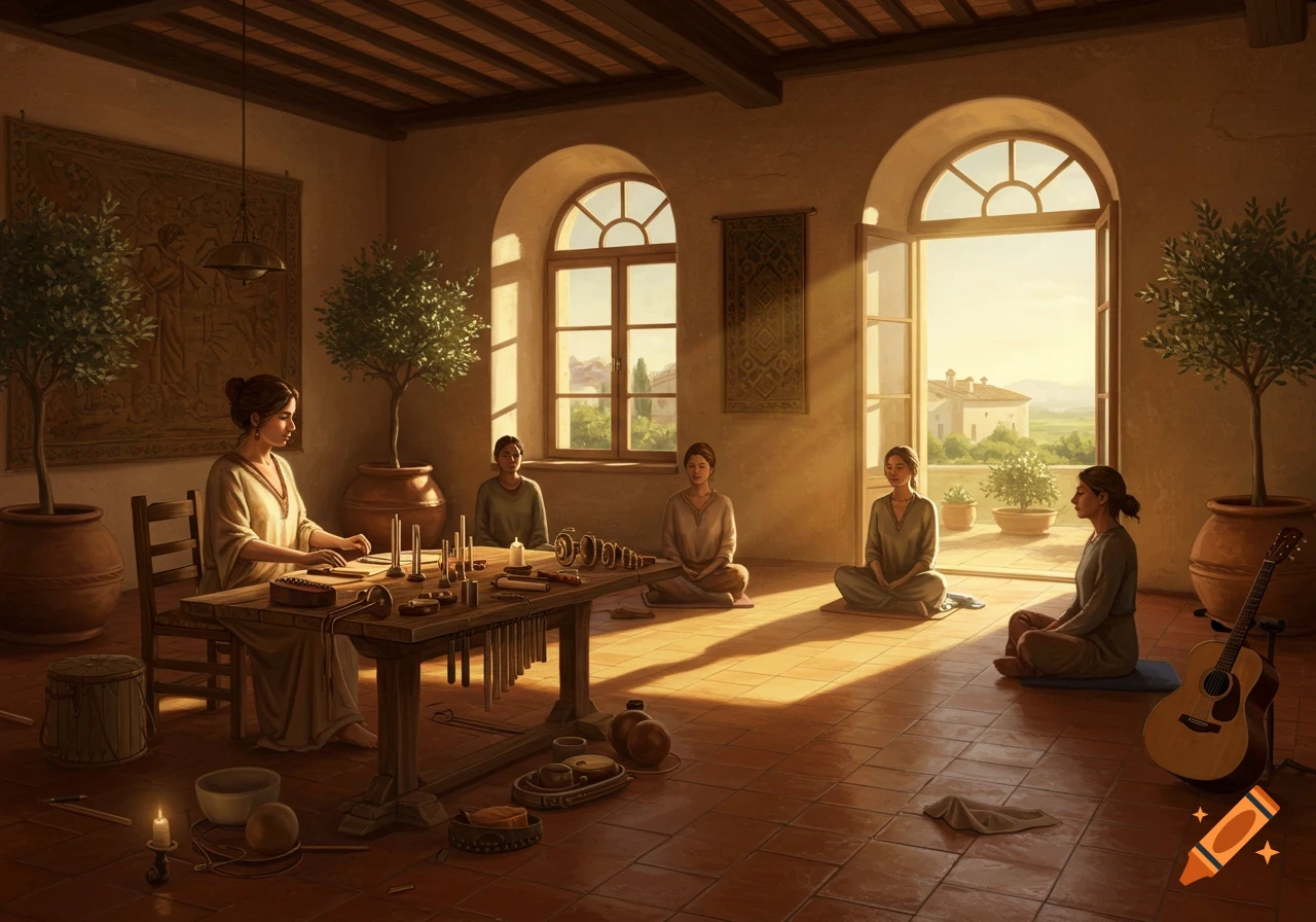 Women meditate and engage with musical instruments in a sunlit room ...