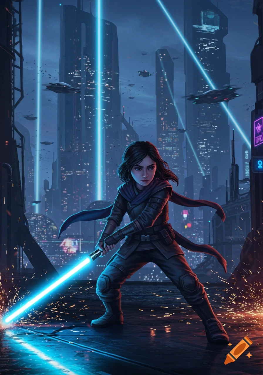 A dark-haired girl holds a glowing blue lightsaber in a futuristic city ...