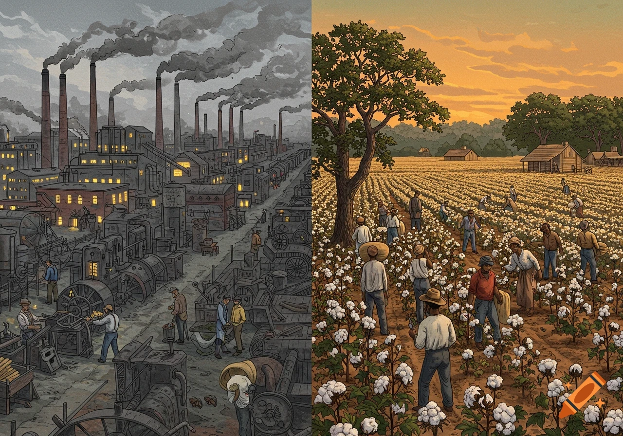 Split illustration showing a dark, smoky industrial city with factories ...