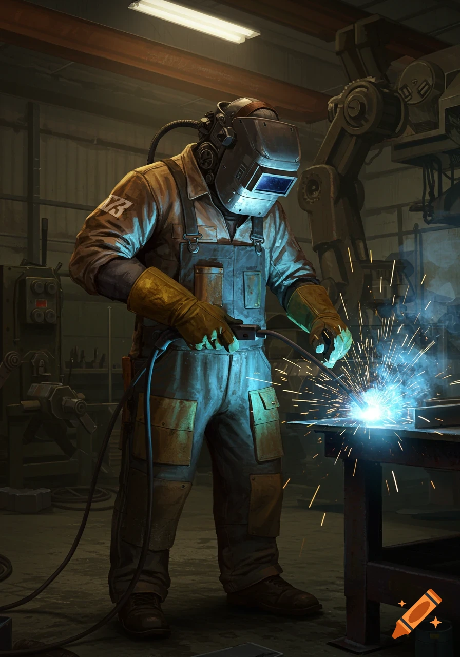 An artistic illustration of a robot in workwear welding metal on a ...