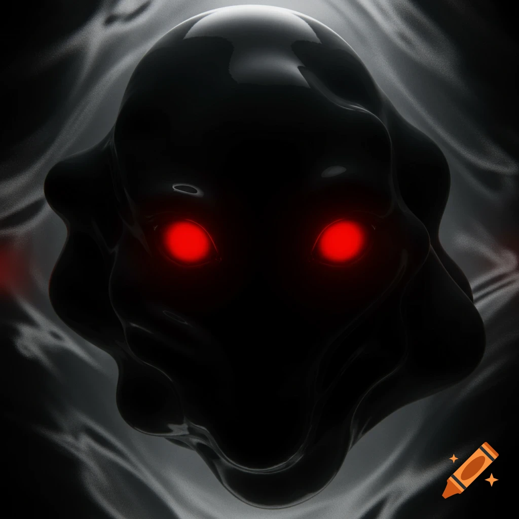 A shiny black blob creature with bright red glowing eyes against a dark ...
