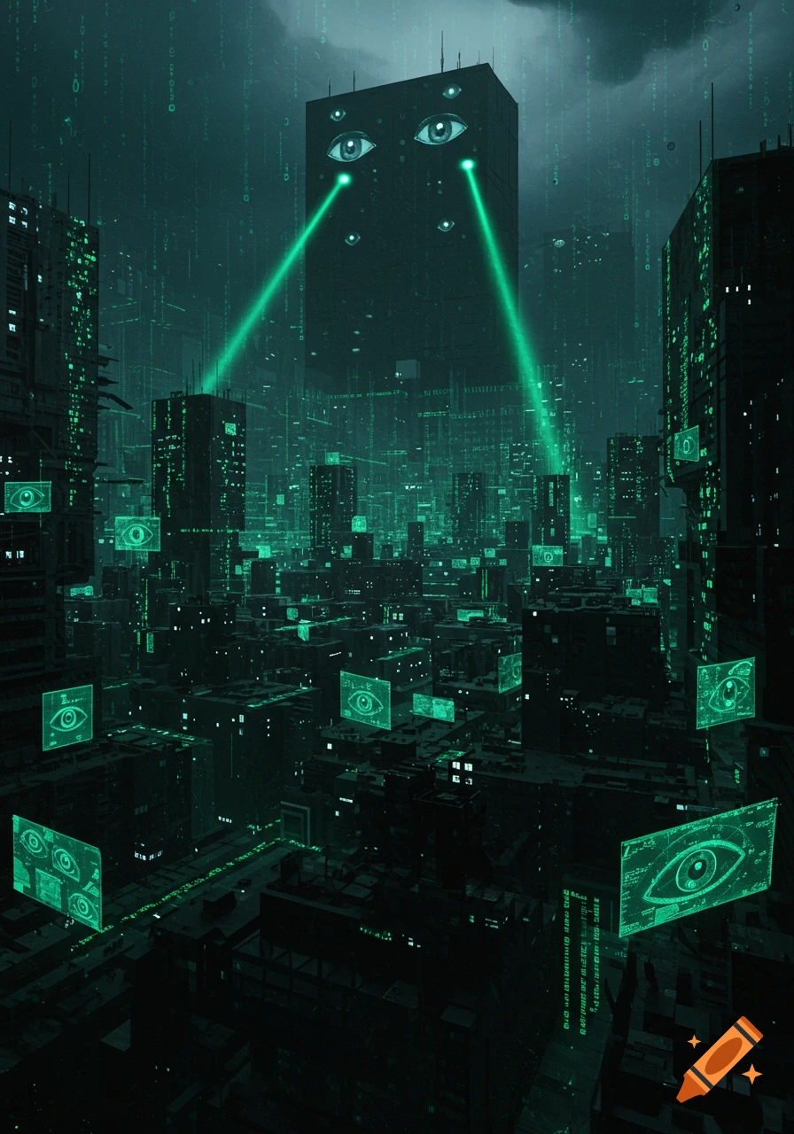 A dark cyberpunk city under surveillance, with a large building ...