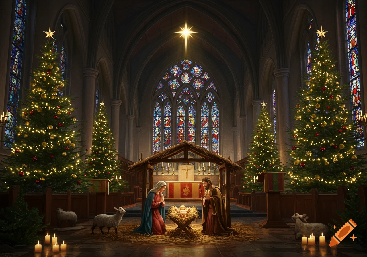 A detailed nativity scene featuring Mary, Joseph, and baby Jesus in a ...