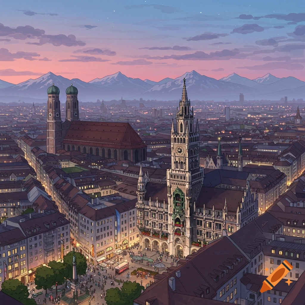 An aerial comic art view of Munich at dusk, showing the New Town Hall ...