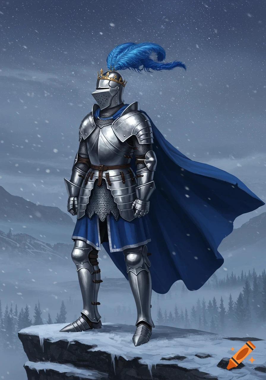 A knight in shining silver plate armor with a blue cape and feathered ...