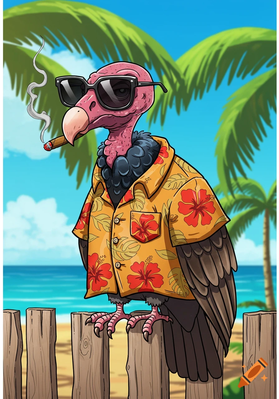 Cartoon turkey vulture in sunglasses and a Hawaiian shirt, smoking a ...