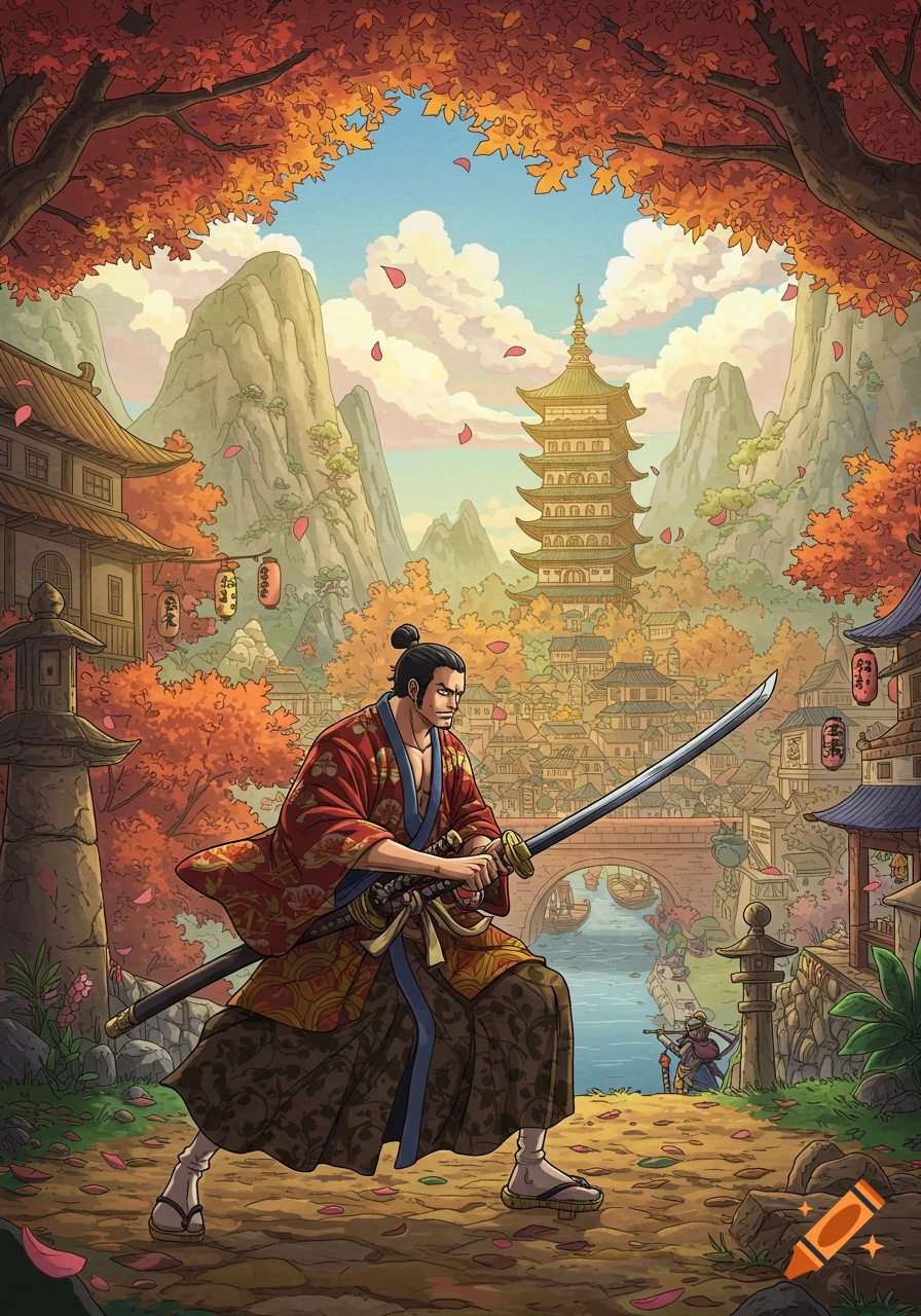 An anime-style samurai with a katana stands in a traditional Japanese ...