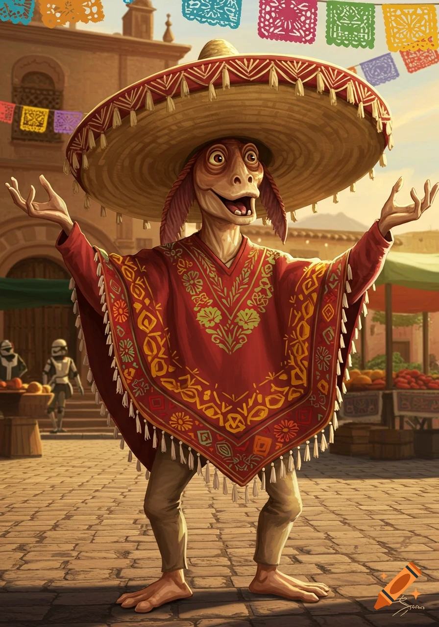 Jar Jar Binks wearing a large sombrero and red poncho, arms ...