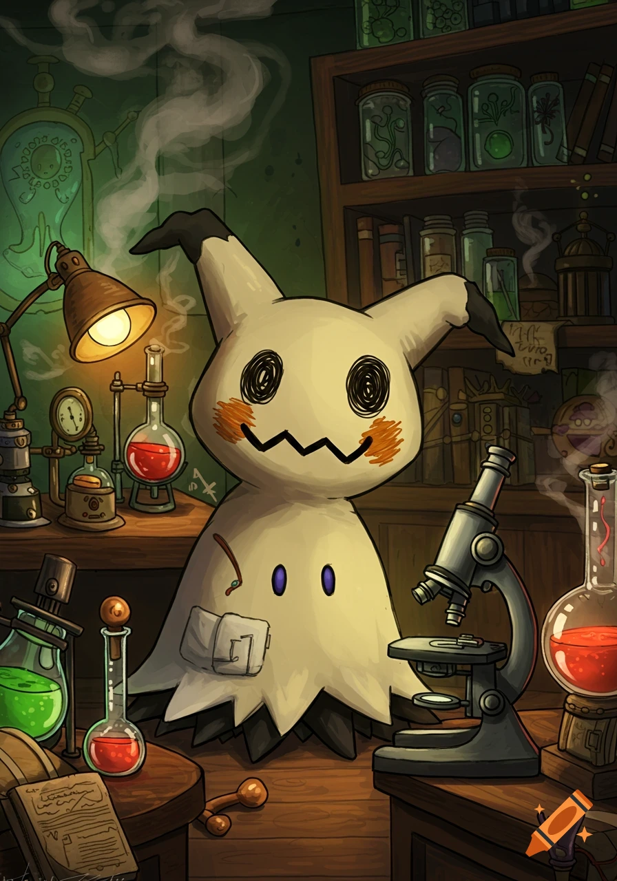 A cute Mimikyu Pokémon in a science lab, surrounded by beakers ...