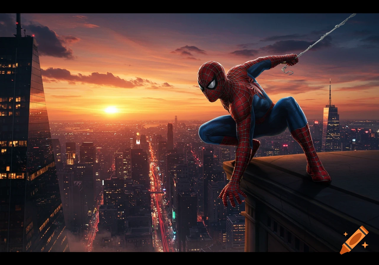 Photorealistic Spider-Man crouches on a skyscraper ledge, holding a web ...